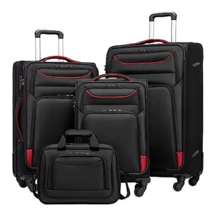 coolife luggage 4 piece set suitcase tsa lock spinner softshell lightweight (black+red)