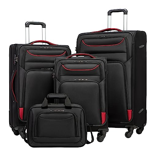 Coolife Luggage 4 Piece Set Suitcase TSA Lock Spinner Softshell lightweight (black+red)