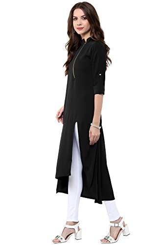 Janasya Women's Crepe Kurti Tunic Tops,Black,Large