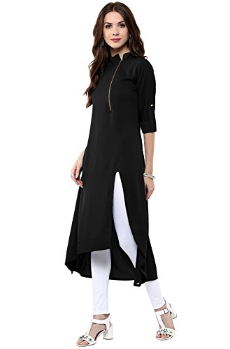 Janasya Women's Crepe Kurti Tunic Tops,Black,Large