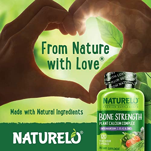 NATURELO Bone Strength - Plant-Based Calcium, Magnesium, Potassium, Vitamin D3, VIT C, K2 - GMO, Soy, Gluten Free Ingredients - Whole Food Supplement for Bone Health - 120 Vegan Friendly Capsules