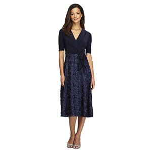 alex evenings women's tea length jersey and rosette lace dress (petite and regular), navy tie front, 6