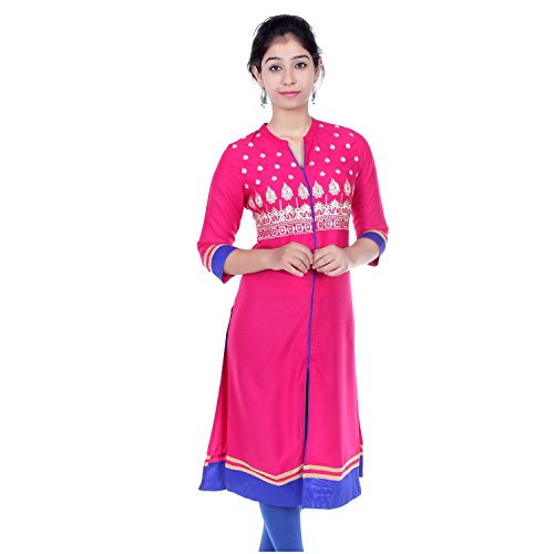 Chichi Indian Women's Embroidered Cotton Blend Kurti Pink For Casual/Daily/Party Wear