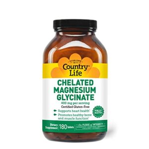 country life chelated magnesium glycinate 400mg, 180 tablets, certified gluten free, certified vegan, certified halal, non-gmo verified