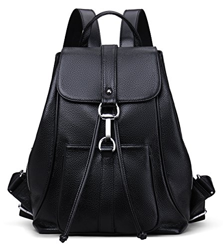 COOLCY New vintage Women Real Genuine Leather Backpack Purse SchoolBag (Black)