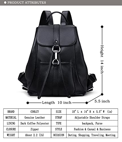 COOLCY New vintage Women Real Genuine Leather Backpack Purse SchoolBag (Black)