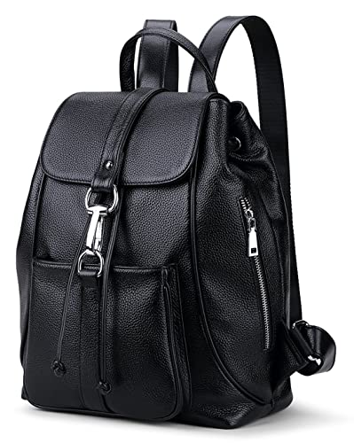 COOLCY New vintage Women Real Genuine Leather Backpack Purse SchoolBag (Black)