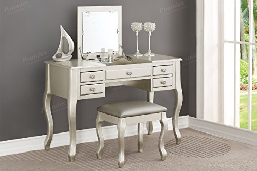 Poundex F4145 Bobkona Cailyn Flip Up Mirror vanity Set with Stool in Silver