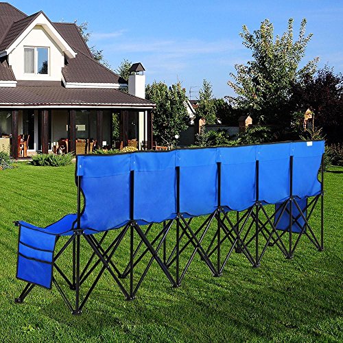 Yaheetech 6 Seats Foldable Sideline Bench for Sports Team Portable Camping Folding Bench Chairs with Carry Bag, Blue