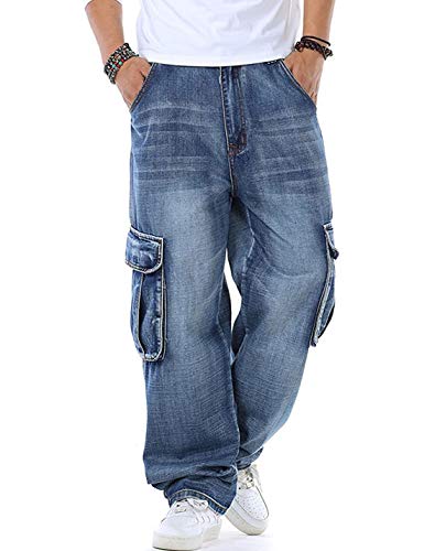 Yeokou Men's Casual Loose Hip Hop Denim Work Pants Jeans with Cargo Pockets(LightBlue-34)