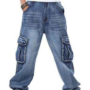 Yeokou Men's Casual Loose Hip Hop Denim Work Pants Jeans with Cargo Pockets(LightBlue-34)