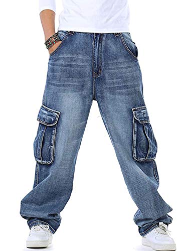 Yeokou Men's Casual Loose Hip Hop Denim Work Pants Jeans with Cargo Pockets(LightBlue-34)