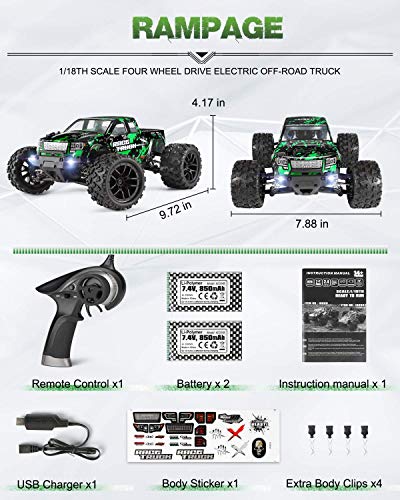 HAIBOXING 1:18 Scale All Terrain RC Car 18859E, 36 KPH High Speed 4WD Electric Vehicle with 2.4 GHz Remote Control, 4X4 Waterproof Off-Road Truck with Two Rechargeable Batteries