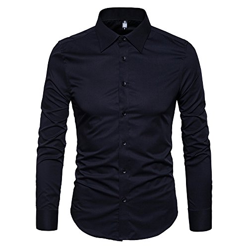 Manwan walk Men's Slim Fit Business Casual Cotton Long Sleeves Solid Button Down Dress Shirts (Large, Black)