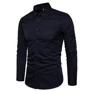 Manwan walk Men's Slim Fit Business Casual Cotton Long Sleeves Solid Button Down Dress Shirts (Large, Black)