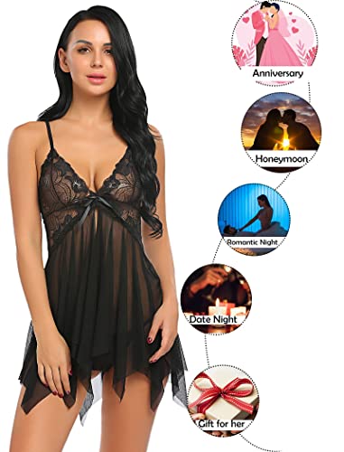 Avidlove Babydoll Lingerie for Women Sexy Sleepwear Bridal Nightgown Lace Langeray(Black Medium)