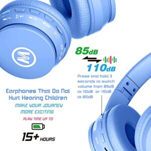 Mokata Headphones Bluetooth Wireless/Wired Kids Volume Limited 94 /110dB Over Ear Foldable Noise Protection Headset with AUX 3.5mm Mic for Boys Girls Child Travel School Cellphone Pad Tablet PC Blue