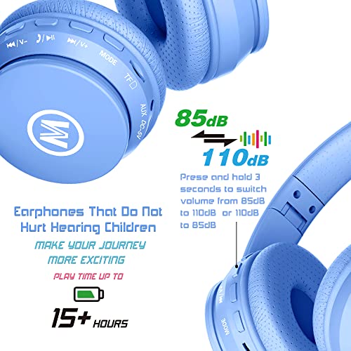 Mokata Headphones Bluetooth Wireless/Wired Kids Volume Limited 94 /110dB Over Ear Foldable Noise Protection Headset with AUX 3.5mm Mic for Boys Girls Child Travel School Cellphone Pad Tablet PC Blue