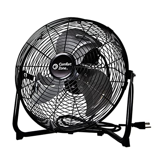 Comfort Zone CZHV12B 12” 3-Speed Cradle/Floor Fan with 180-Degree Adjustable Tilt, All-Metal Construction, Rubber Feet, and Carry Handle, Black