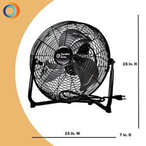 Comfort Zone CZHV12B 12” 3-Speed Cradle/Floor Fan with 180-Degree Adjustable Tilt, All-Metal Construction, Rubber Feet, and Carry Handle, Black