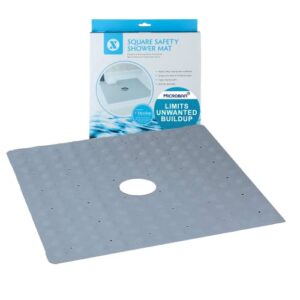 slipx solutions microban-infused rubber shower mat, 21" x 21" | anti-slip square bath mat w/ 140 power grip suction cups | gray