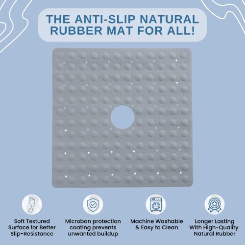 SlipX Solutions Microban-Infused Rubber Shower Mat, 21" x 21" | Anti-Slip Square Bath Mat w/ 140 Power Grip Suction Cups | Gray