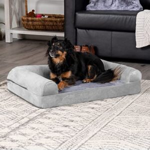 Furhaven Orthopedic Dog Bed for Medium/Small Dogs w/ Removable Bolsters & Washable Cover, For Dogs Up to 35 lbs - Faux Fur & Velvet Sofa - Smoke Gray, Medium