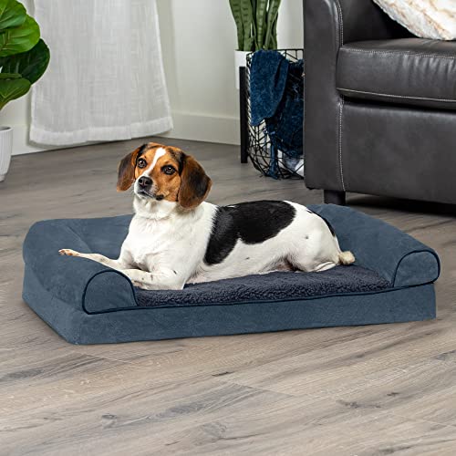 Furhaven Orthopedic Dog Bed for Medium/Small Dogs w/ Removable Bolsters & Washable Cover, For Dogs Up to 35 lbs - Sherpa & Chenille Sofa - Orion Blue, Medium