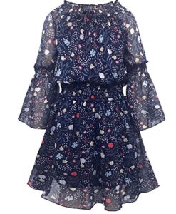 smukke, big girls tween beautiful printed chiffon off the shoulder long sleeves fall dresses (multiple colors), 7-16 (16, navy multi)