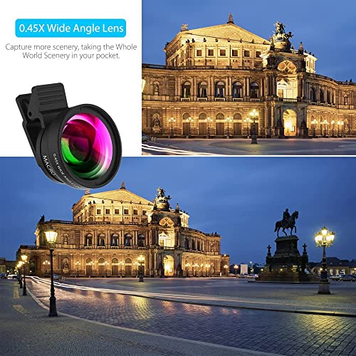 Cell Phone Camera Lens 2 in 1 Clip-on Lens Kit 0.45X Super Wide Angle & 12.5X Macro Phone Camera Lens for iPhone 8 7 6s 6 Plus 5s Samsung Android & Most Smartphones Black