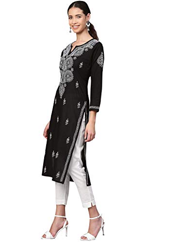 Ada Indian Hand Embroidered Women's Chikankari Black Cotton Kurta Kurti Tunic A197536 (4X-Large)