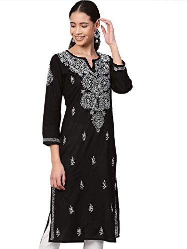 Ada Indian Hand Embroidered Women's Chikankari Black Cotton Kurta Kurti Tunic A197536 (4X-Large)