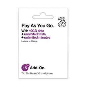 Three 10GB Data Pay As You Go SIM