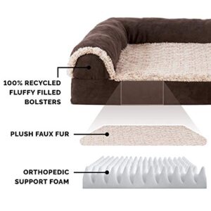 Furhaven Orthopedic Dog Bed for Large Dogs w/ Removable Bolsters & Washable Cover, For Dogs Up to 95 lbs - Two-Tone Plush Faux Fur & Suede L Shaped Chaise - Espresso, Jumbo/XL