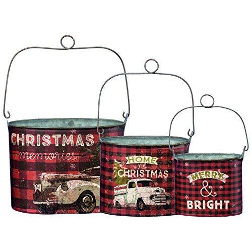 Primitives by Kathy Rustic Christmas 3-Piece Tin Bucket Set, Set of 3, Plaid