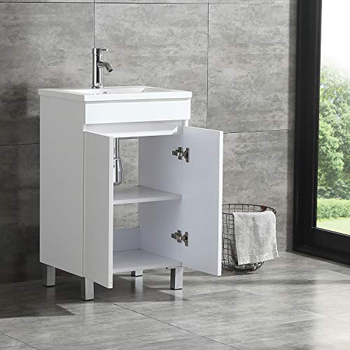 Sliverylake 20 Inch Free Standing Bathroom Vanity Cabinet with 2 Doors Undermount Resin Sink and Chrome Faucet Combo White