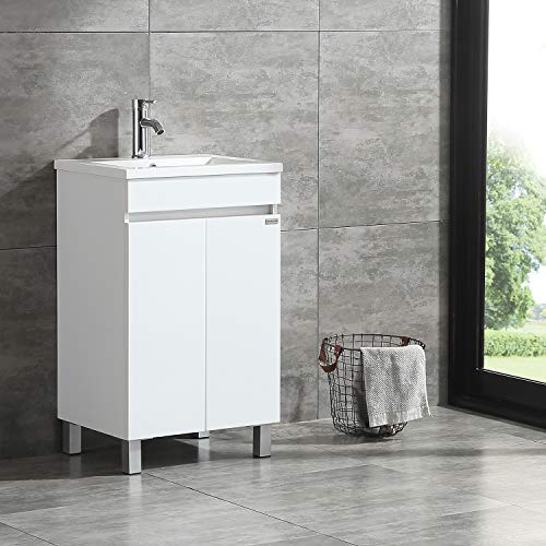 Sliverylake 20 Inch Free Standing Bathroom Vanity Cabinet with 2 Doors Undermount Resin Sink and Chrome Faucet Combo White