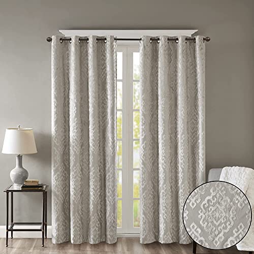 Sun Smart Mirage 100% Total Blackout Single Window Curtain, Knitted Jacquard Damask Room Darkening Curtain Panel with Grommet Top, 50 x 108 in, Silver