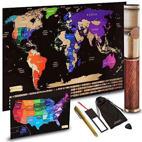 Scratch Off World Map + Scratch Off USA Map Travel Poster | US States and World Country Flags Detailed in Large 30" x 17" Size Scratchable Tracker Poster | Premium Travelers Wall Set (Black)