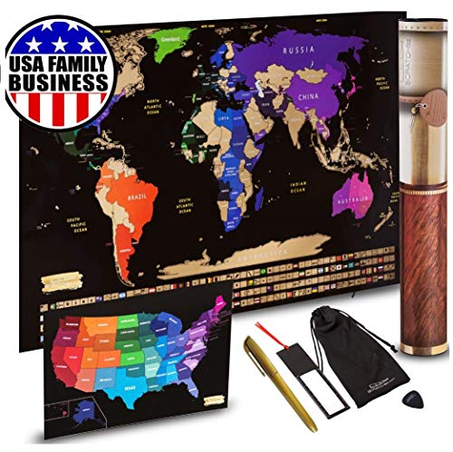 Scratch Off World Map + Scratch Off USA Map Travel Poster | US States and World Country Flags Detailed in Large 30" x 17" Size Scratchable Tracker Poster | Premium Travelers Wall Set (Black)