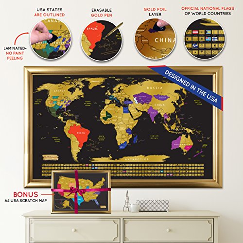 Scratch Off World Map + Scratch Off USA Map Travel Poster | US States and World Country Flags Detailed in Large 30" x 17" Size Scratchable Tracker Poster | Premium Travelers Wall Set (Black)