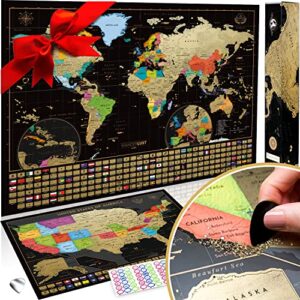 two scratch off maps - map of the world (large) + us states map (small) - deluxe scratch-off travel posters for adults, kids - made in europe