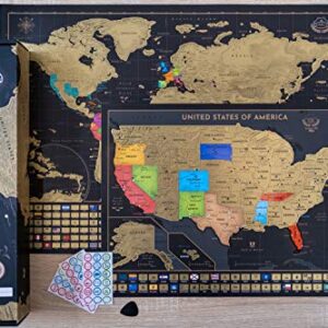 Two Scratch Off Maps - Map of the World (Large) + US States Map (Small) - Deluxe Scratch-Off Travel Posters for Adults, Kids - Made in Europe