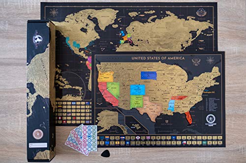 Two Scratch Off Maps - Map of the World (Large) + US States Map (Small) - Deluxe Scratch-Off Travel Posters for Adults, Kids - Made in Europe