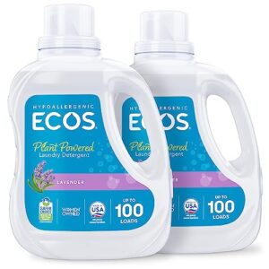 ecos laundry detergent liquid, 200 loads - dermatologist tested laundry soap - hypoallergenic, epa safer choice certified, plant-powered - lavender, 100 fl oz (pack of 2)