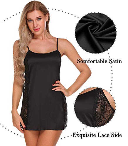 Avidlove Women Lace Lingerie Satin Pajamas Sexy Nightwear Chemise Nightgown, Small, Black