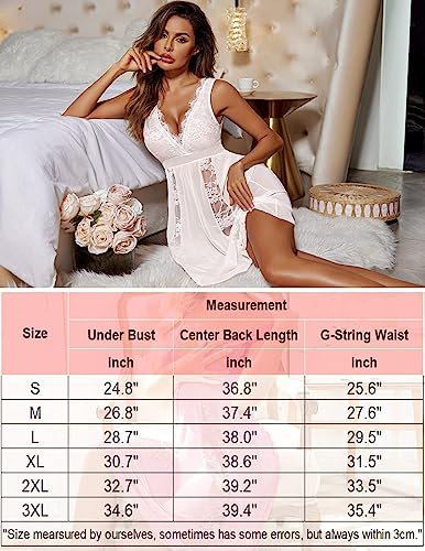 Avidlove Babydoll Lingerie for Women Sexy Long Nightgowns V Neck Sleepwear Bridal Nighty White, L