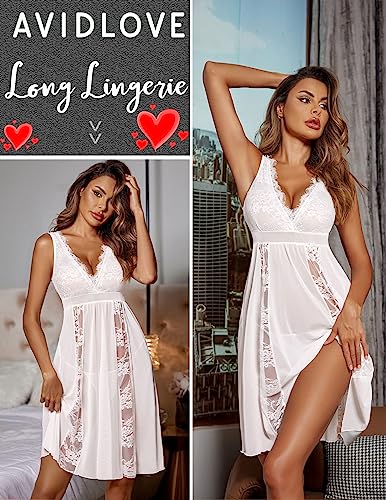 Avidlove Babydoll Lingerie for Women Sexy Long Nightgowns V Neck Sleepwear Bridal Nighty White, L