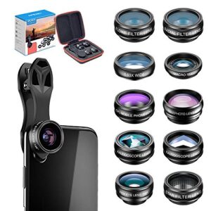 apexel 10 in 1 phone camera lens kit wide angle/macro/fisheye/telephoto/cpl/flow/radial/star filter/kaleidoscope lens for iphone and most phone