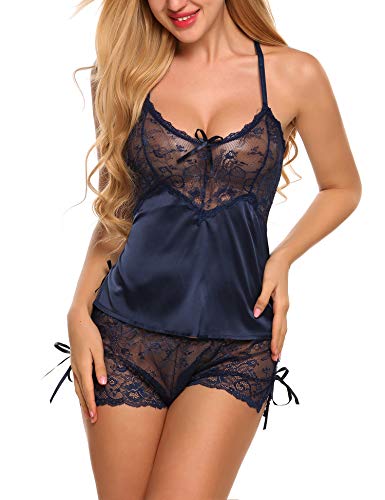 Avidlove Women's Satin Pajama Cami Set Silky Lace Nightwear 2 Piece Lingerie Shorts Sleepwear (Navy Blue, M)